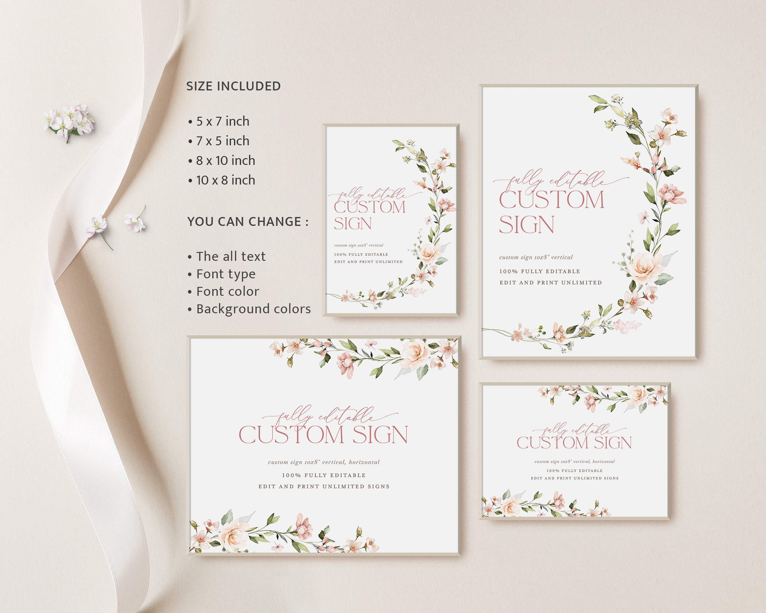 Boho Floral Custom Wedding Sign Template Blush Pink Reception | Etsy