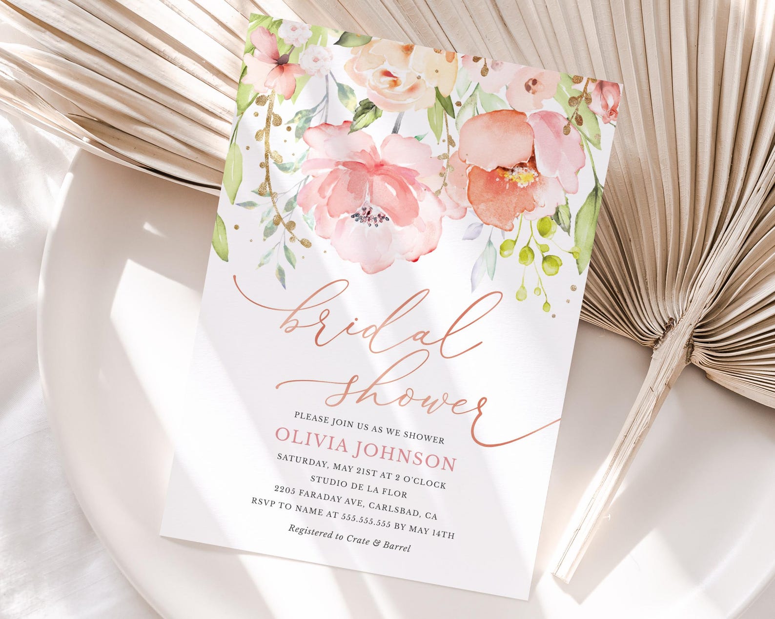 Boho Blush Pink Bridal Shower Invitation Template, Floral Shower ...