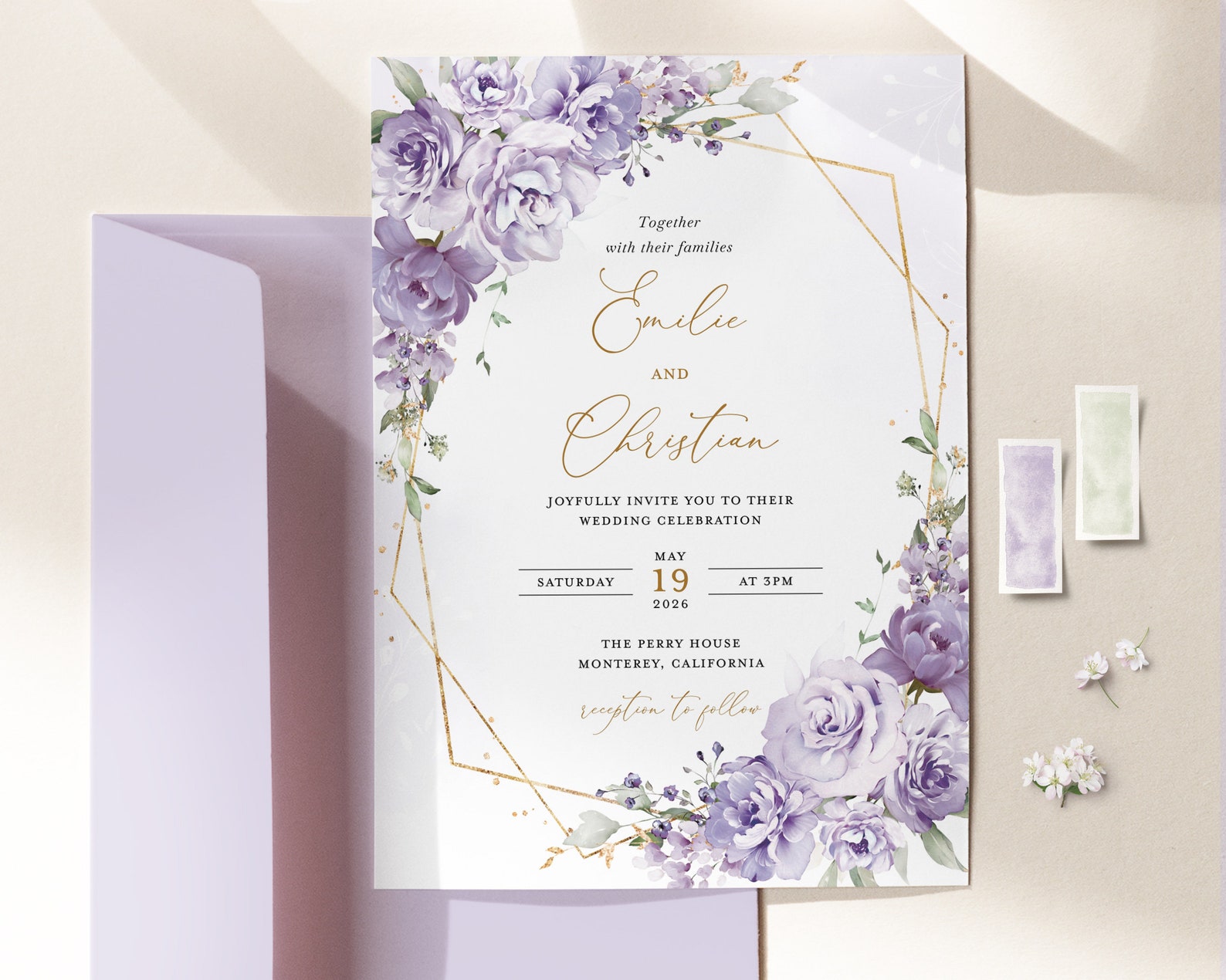Lavender Floral Wedding Invitation Set Template, Lilac Gold Invite ...
