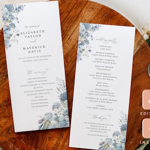 Dusty Blue Wedding Programs Template, Floral Ceremony Program, Boho Garden Elegant Light Steel ...