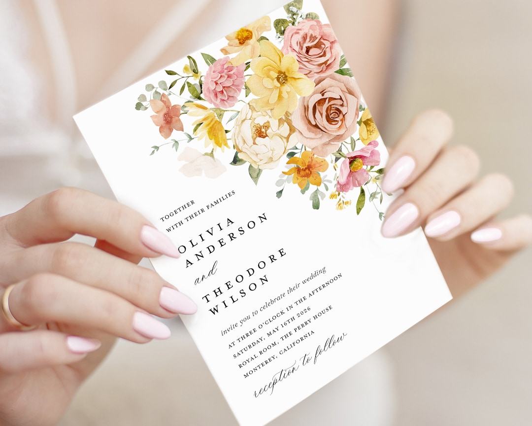 Colorful Pastel Wedding Invitation Template, Floral Pink Yellow Wedding ...