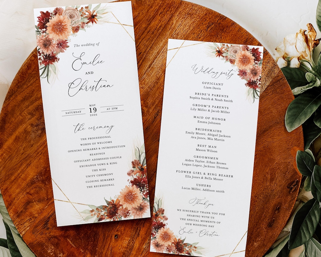 Terracotta Wedding Programs Template, Boho Floral Ceremony Program ...