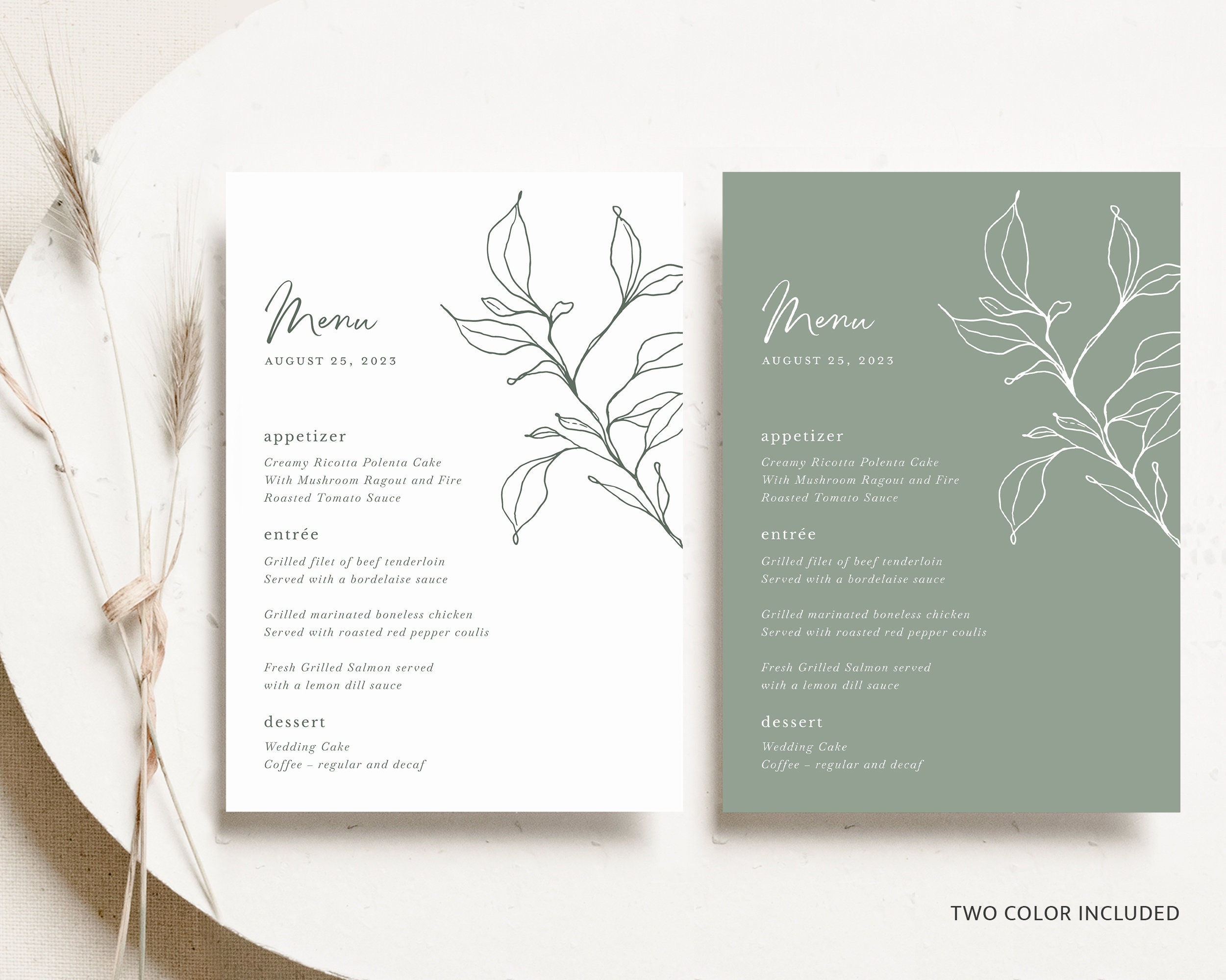 Sage Green Minimalist Wedding Menu Template, Modern Botanical Reception ...