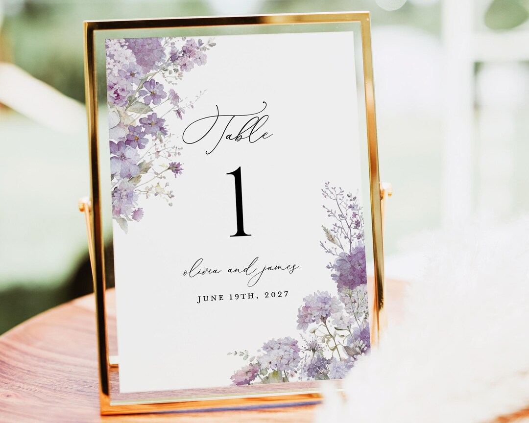 Lavender Lilac Wedding Table Numbers Card Template, Floral Boho Table Numbers, Elegant Purple ...