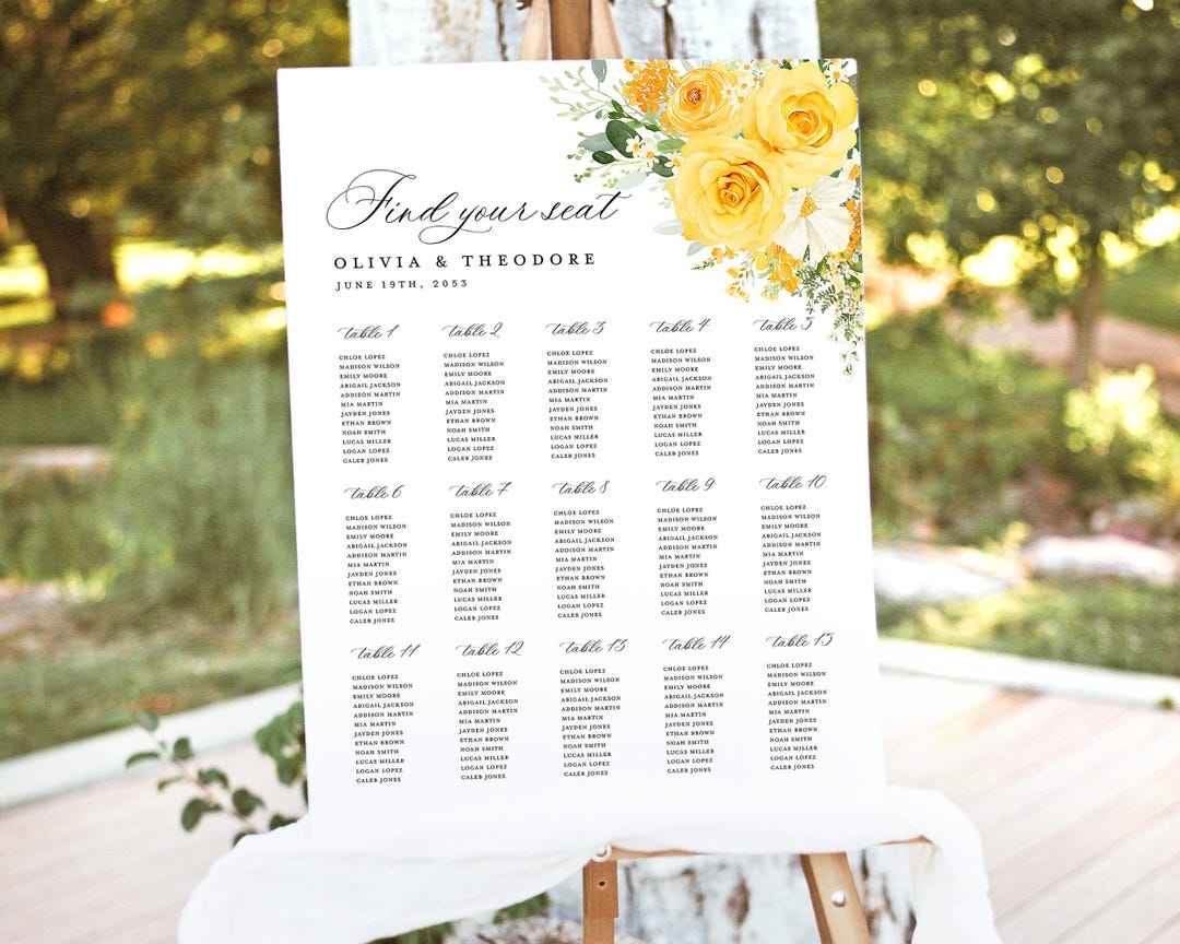 Yellow Floral Wedding Seating Chart Sign Template, Boho Elegant ...