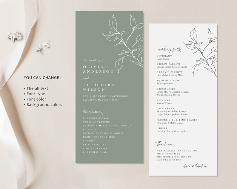Minimalist Wedding Programs Template Ceremony Sage Green - Etsy