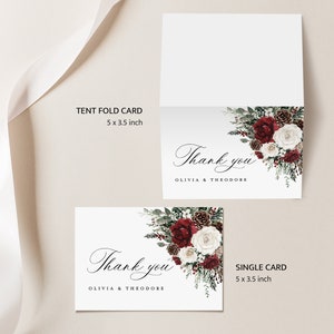 Winter Christmas Wedding Thank You Card Template, Burgundy Floral Thank ...