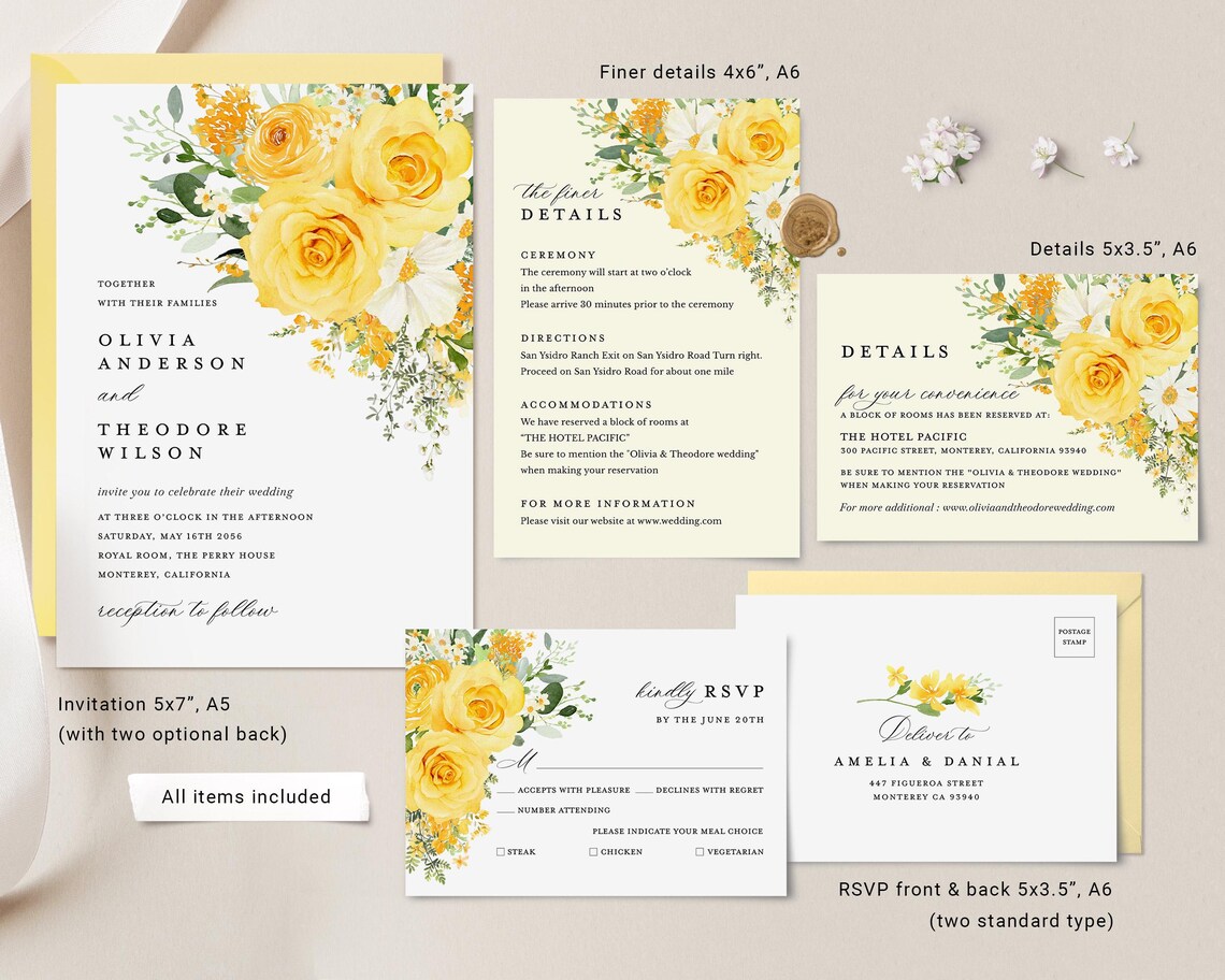 Yellow Floral Wedding Invitation Template Set, Boho Wedding Invites ...