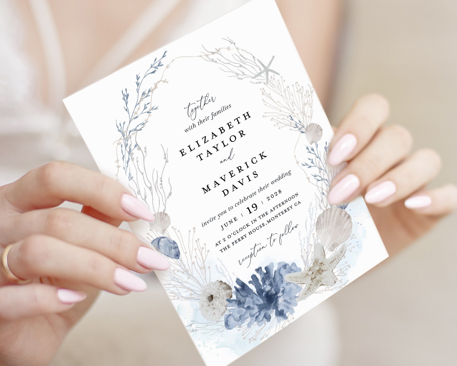 Boho Ocean Wedding Invitation Template, Beach Blue Wedding Invites ...