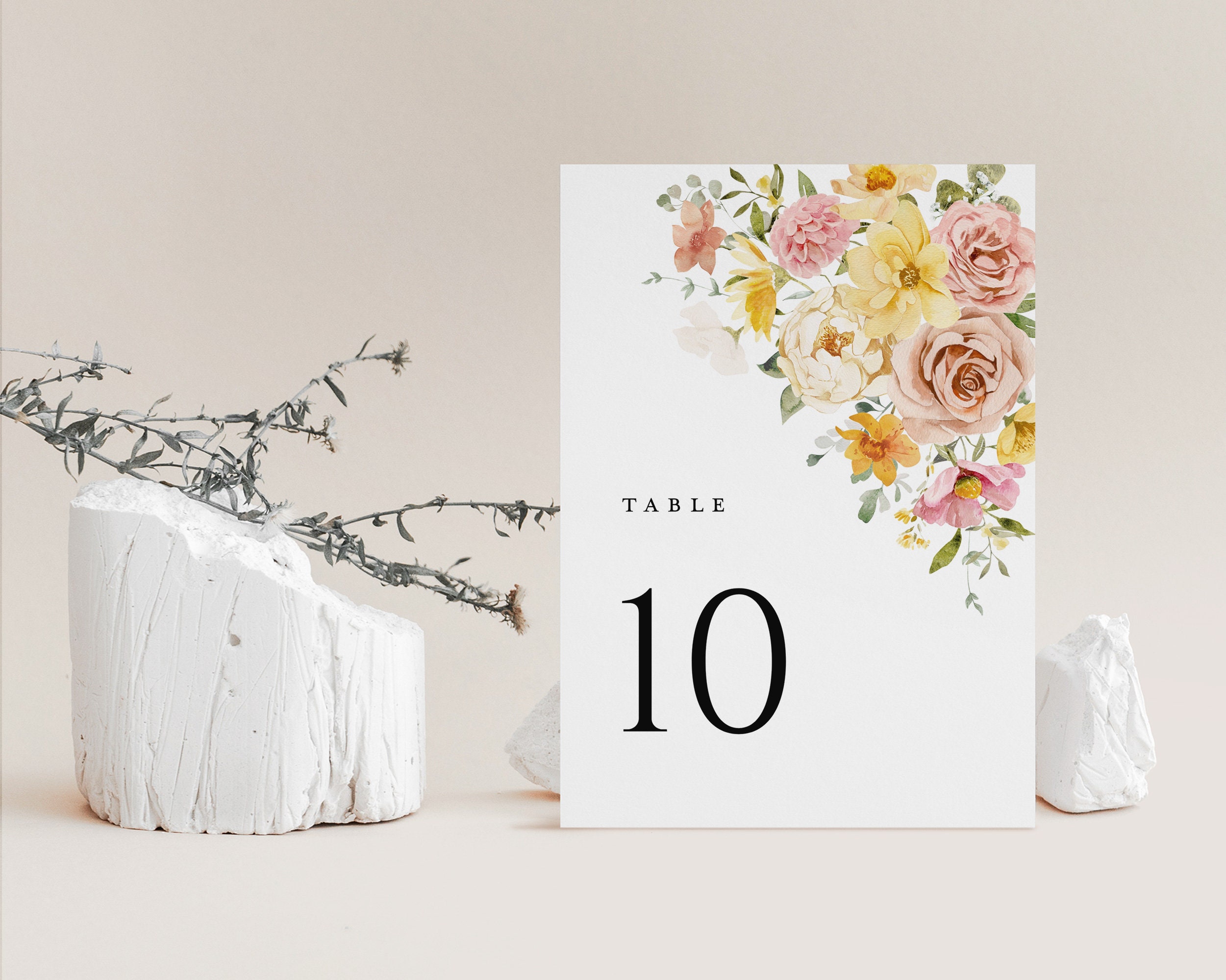 Colorful Pastel Wedding Table Numbers Card Template, Floral Pink Yellow ...