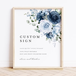 Dusty Blue Navy Custom Wedding Sign Template, Floral Reception Table ...