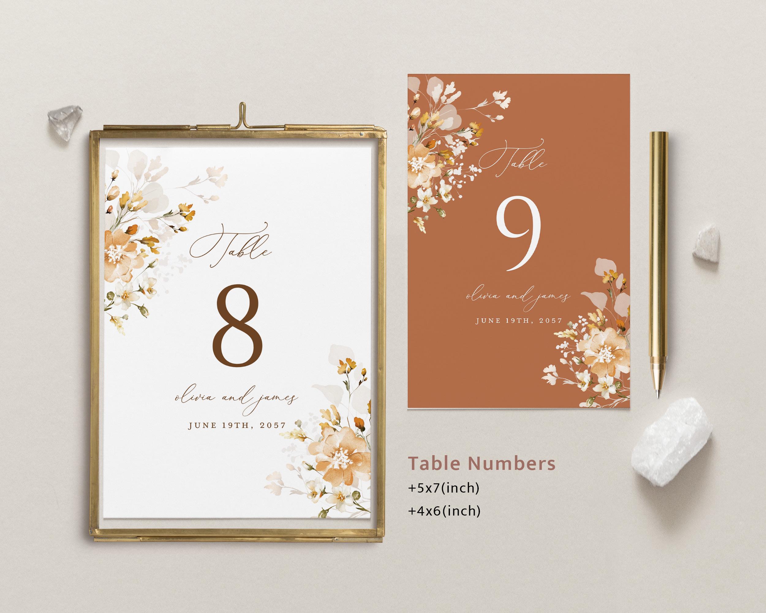 Terracotta Wedding Table Numbers Card Template, Boho Floral Table ...