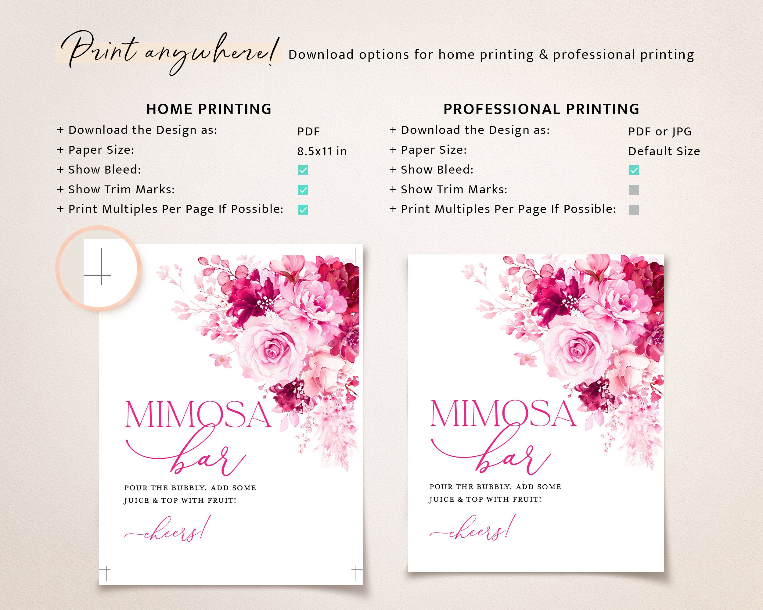 Hot Pink Mimosa Bar Sign, Printable Floral Blush Pink Bridal Shower ...