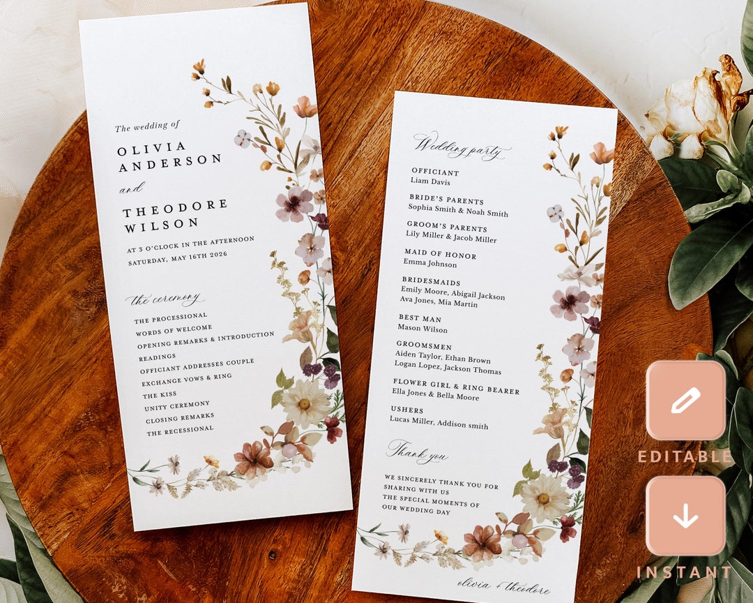 Boho Wedding Programs Template, Terracotta Ceremony Program, Wildflower ...
