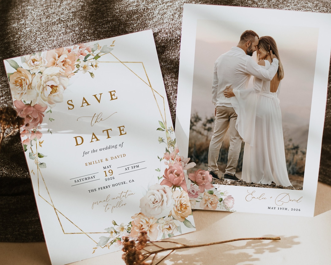 Dusty Rose Save the Date Template, Floral Photo Wedding Save the Dates ...