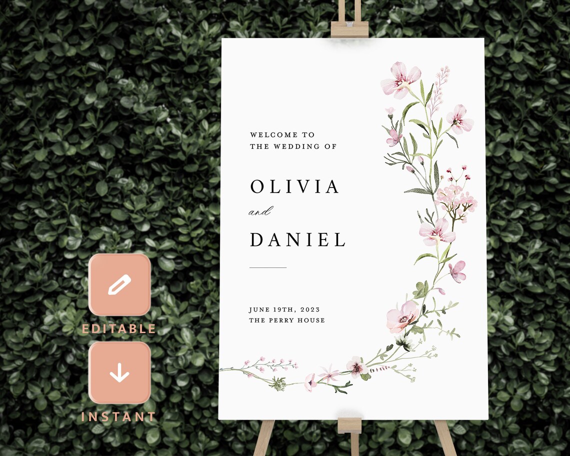 Blush Pink Floral Wedding Welcome Sign Template Wildflower - Etsy
