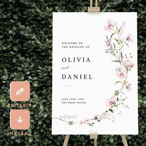 Blush Pink Floral Wedding Welcome Sign Template, Wildflower Editable ...