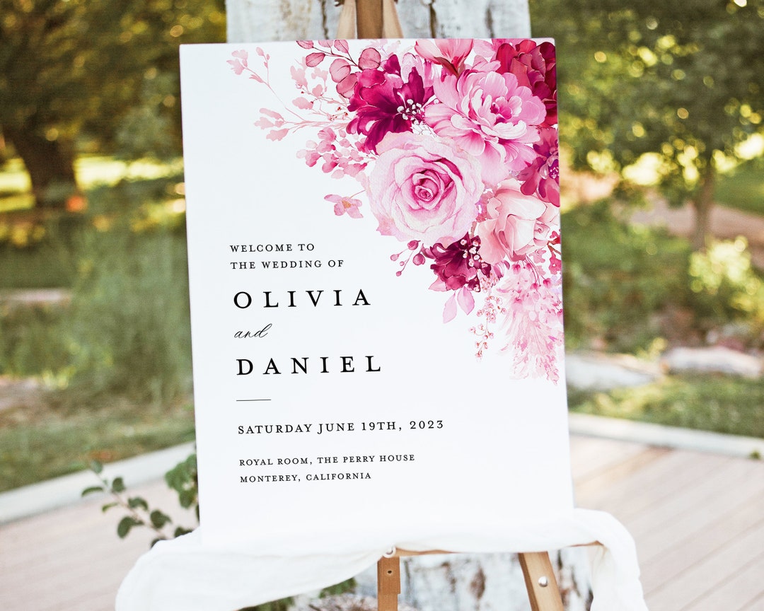 Hot Pink Wedding Welcome Sign Template, Floral Elegant Rose Reception ...