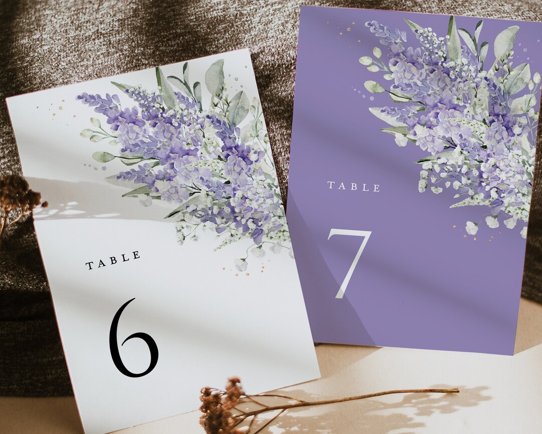 Lavender Wedding Table Numbers Card Template, Lilac Boho Floral Table ...