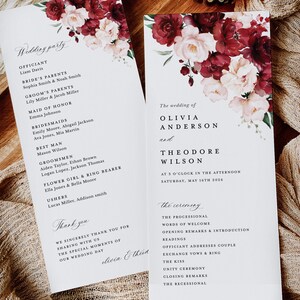 Burgundy Blush Wedding Programs Template, Ceremony Program Boho Marsala Floral, Elegant Rose ...