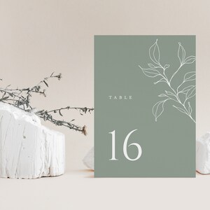 Sage Green Minimalist Wedding Table Numbers Card Template, Botanical ...