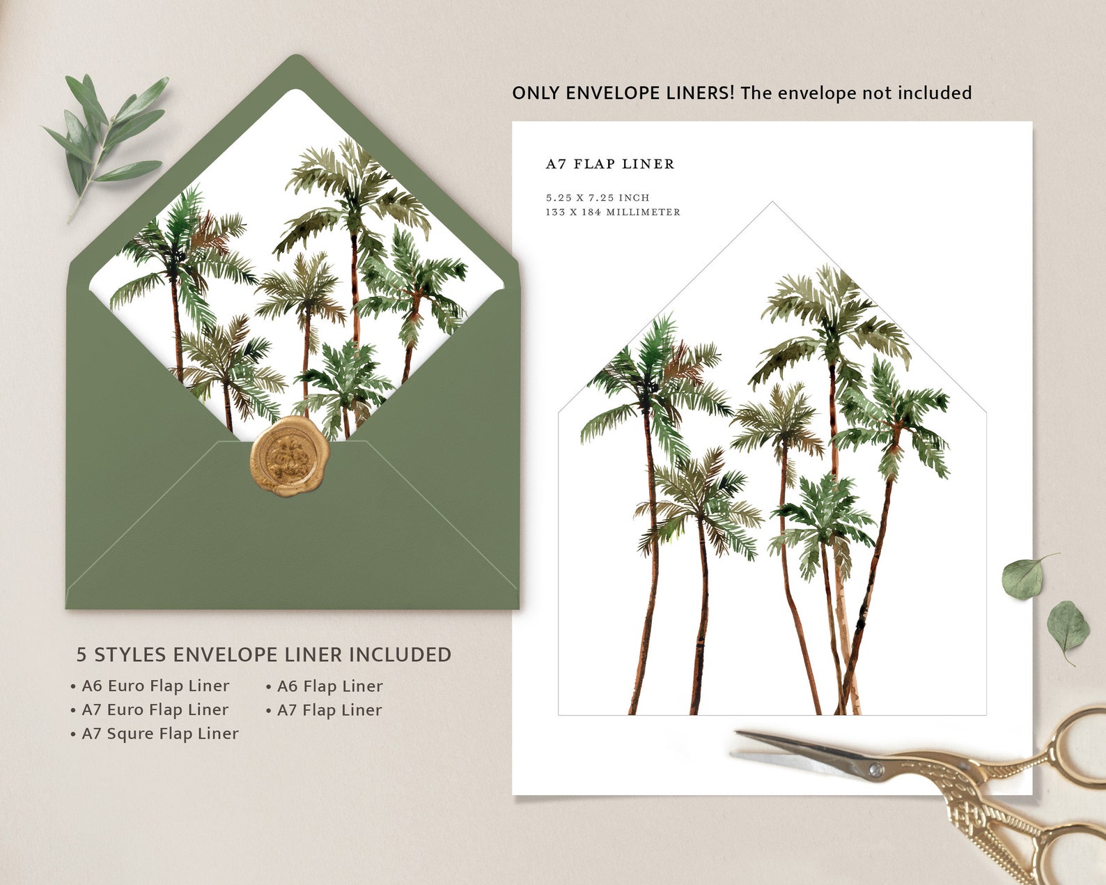 Palm Tree Envelope Liner Template, Sage Tropical A6 and A7 Euro Flap ...