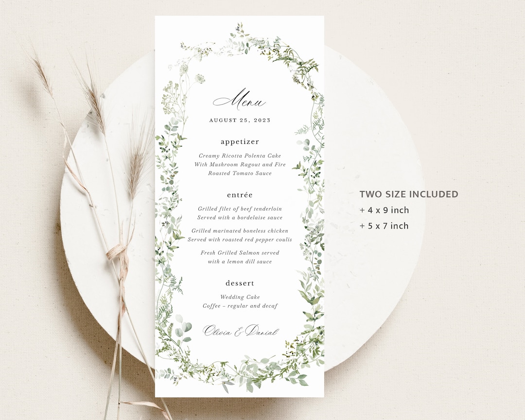 Greenery Wedding Menu Cards Template, Fine Art Classic Reception Menu ...