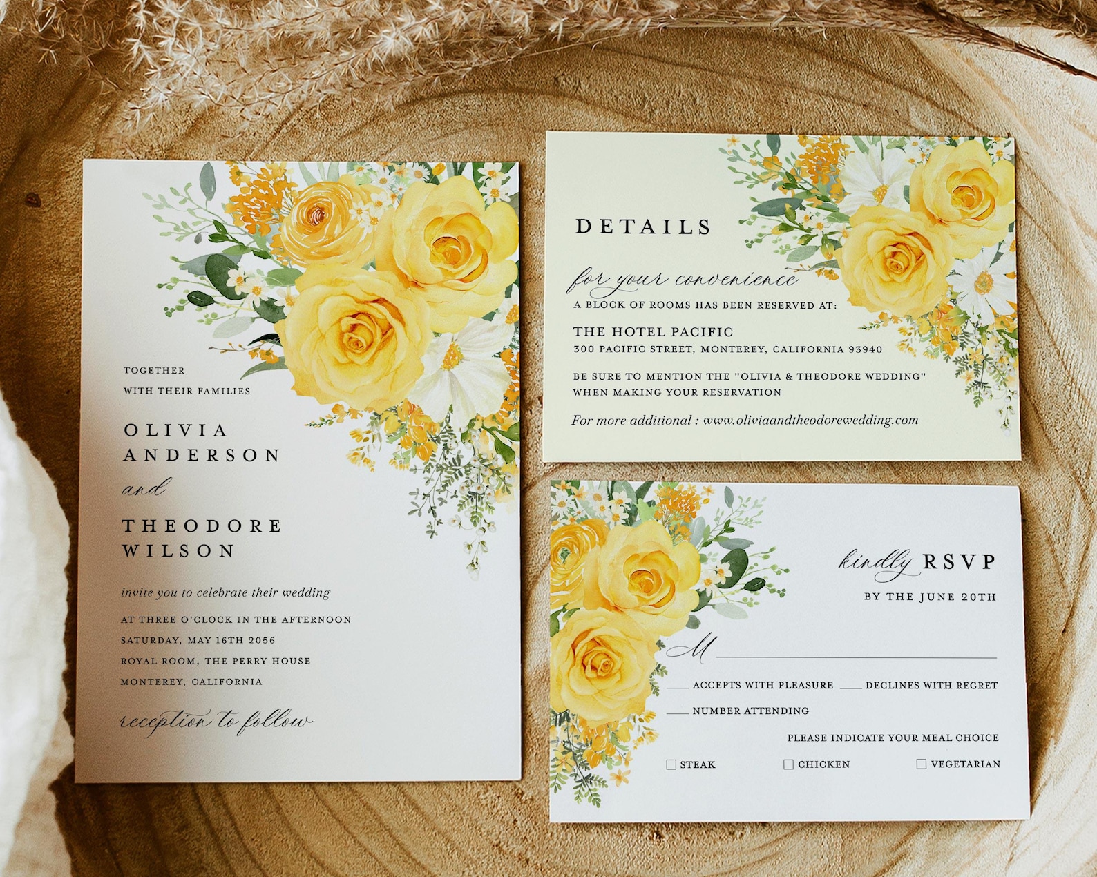 Yellow Floral Wedding Invitation Template Set, Boho Wedding Invites ...