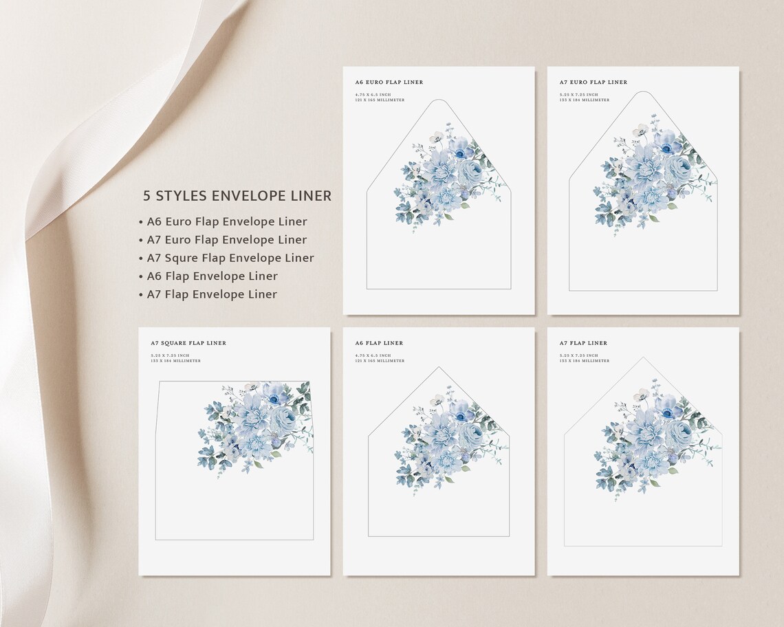 Dusty Blue Envelope Liner Steel Blue Floral A6 and A7 Euro - Etsy