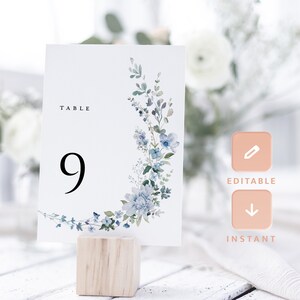Dusty Blue Wedding Table Numbers Card Template, Boho Wildflower Table ...