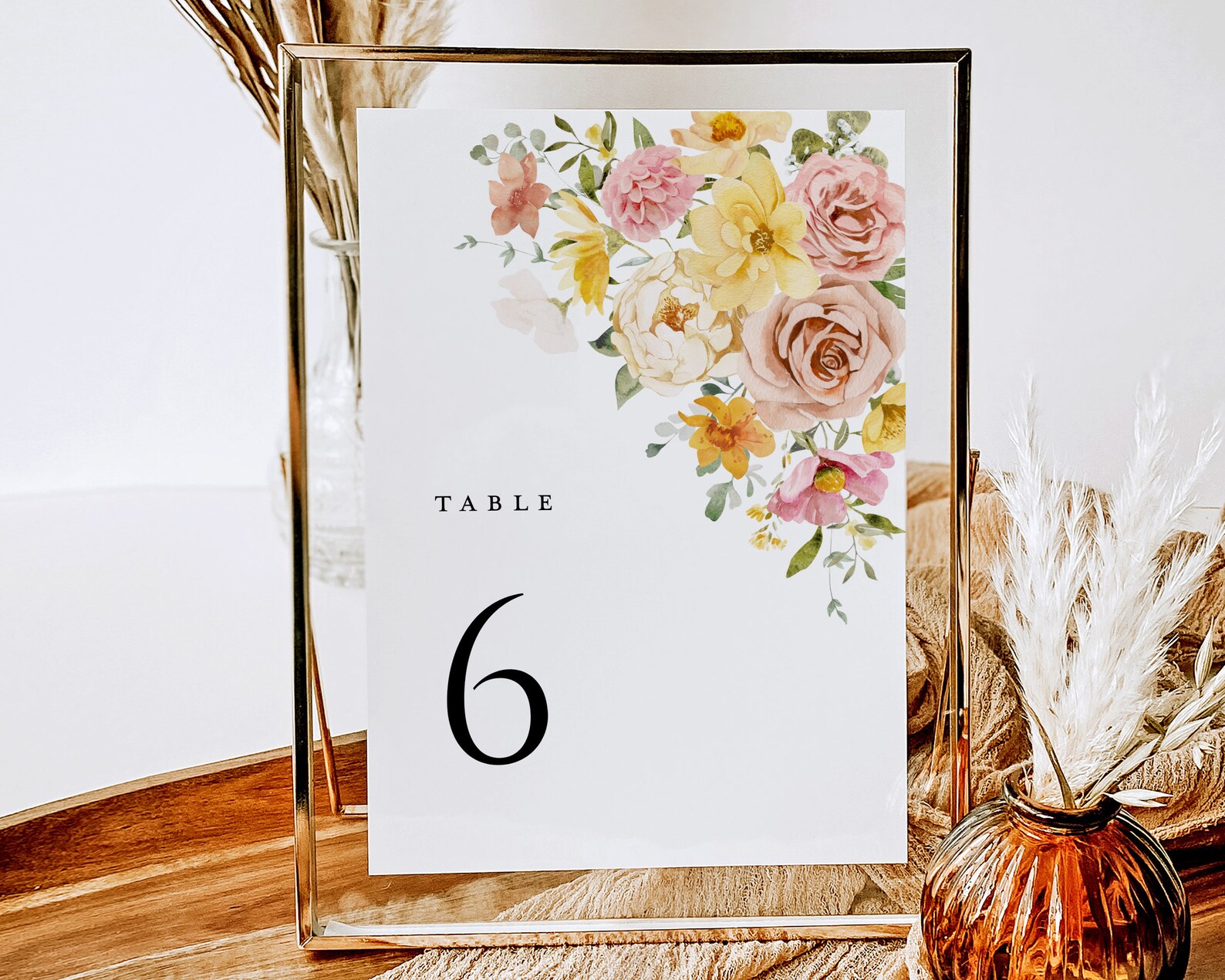 Colorful Pastel Wedding Table Numbers Card Template, Floral Pink Yellow ...