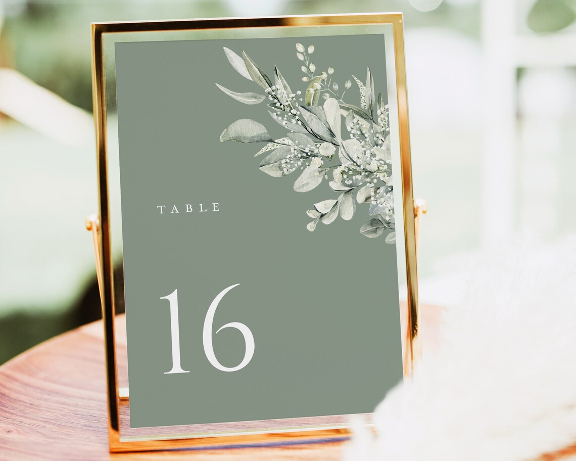 Sage Minimalist Wedding Table Number Template Eucalyptus | Etsy