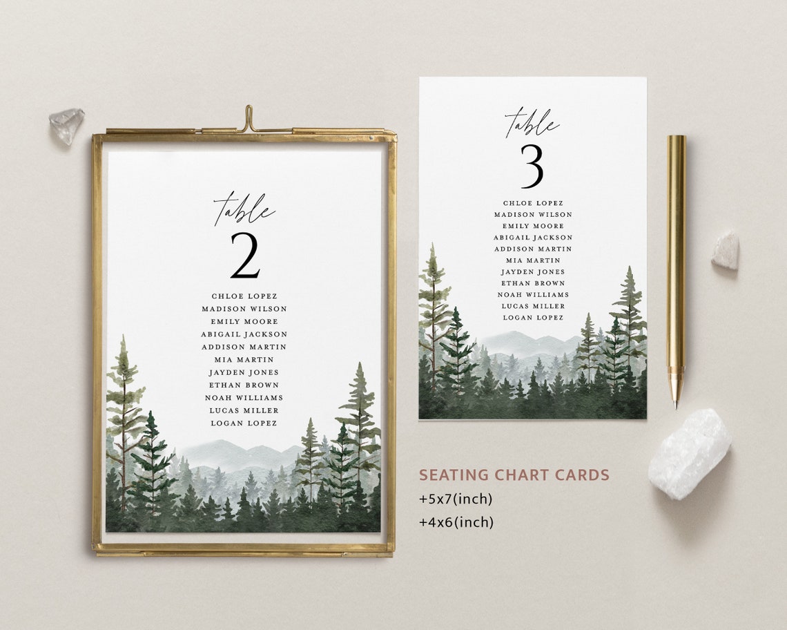 Mountain Wedding Seating Chart Card Template, Woodland Table Numbers ...