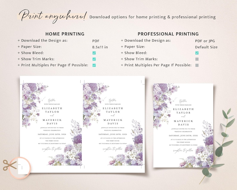 Lavender Lilac Wedding Invitation Template, Floral Boho Wedding Invites ...