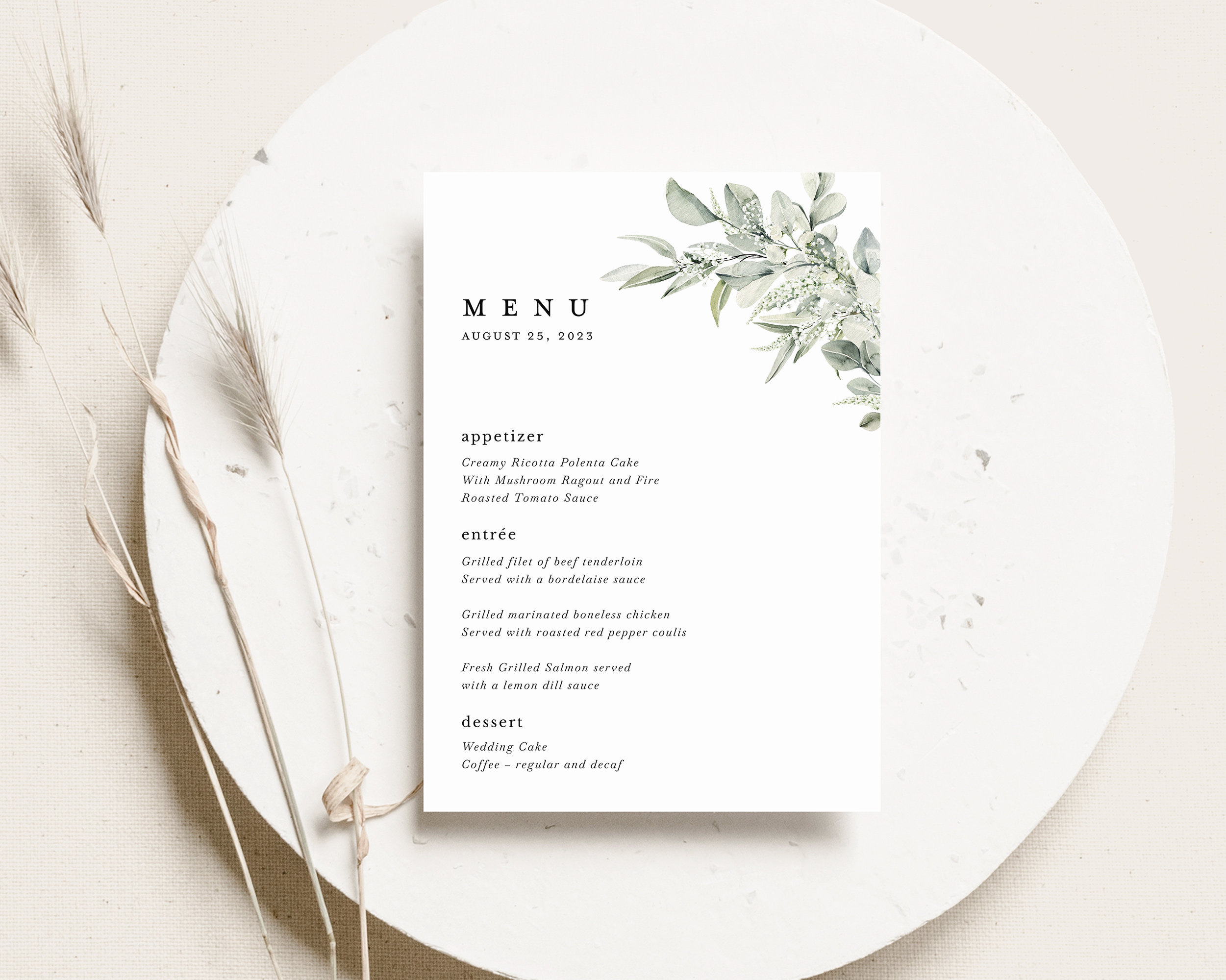 Sage Green Minimalist Wedding Menu Template Eucalyptus Modern - Etsy