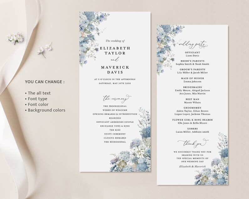 Dusty Blue Wedding Programs Template, Floral Ceremony Program, Boho ...