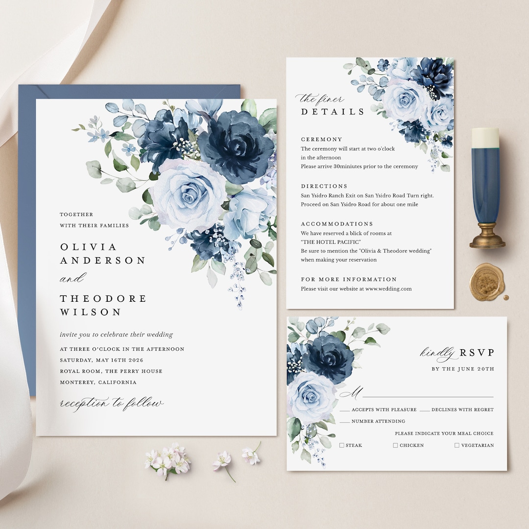 Dusty Blue Navy Wedding Invitation Template Set, Floral Boho Wedding ...