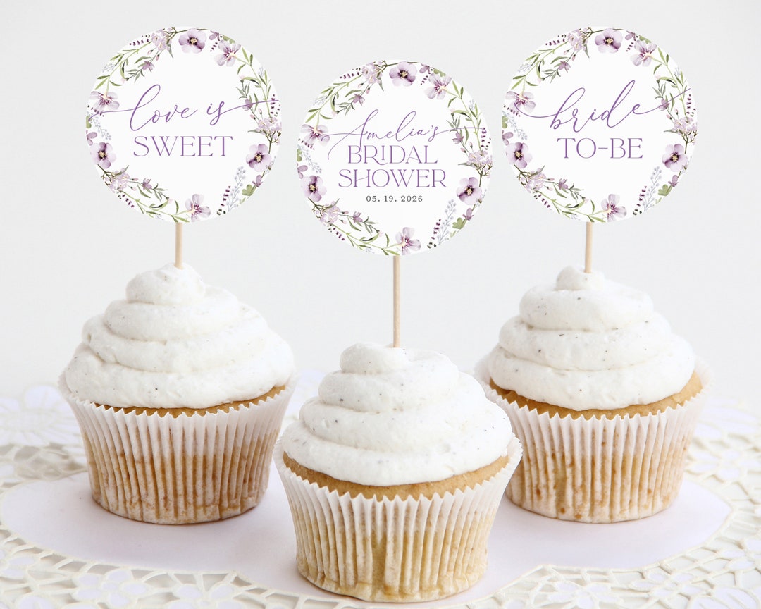Editable Bridal Shower Cupcake Toppers, Lavender Floral Bridal Shower ...