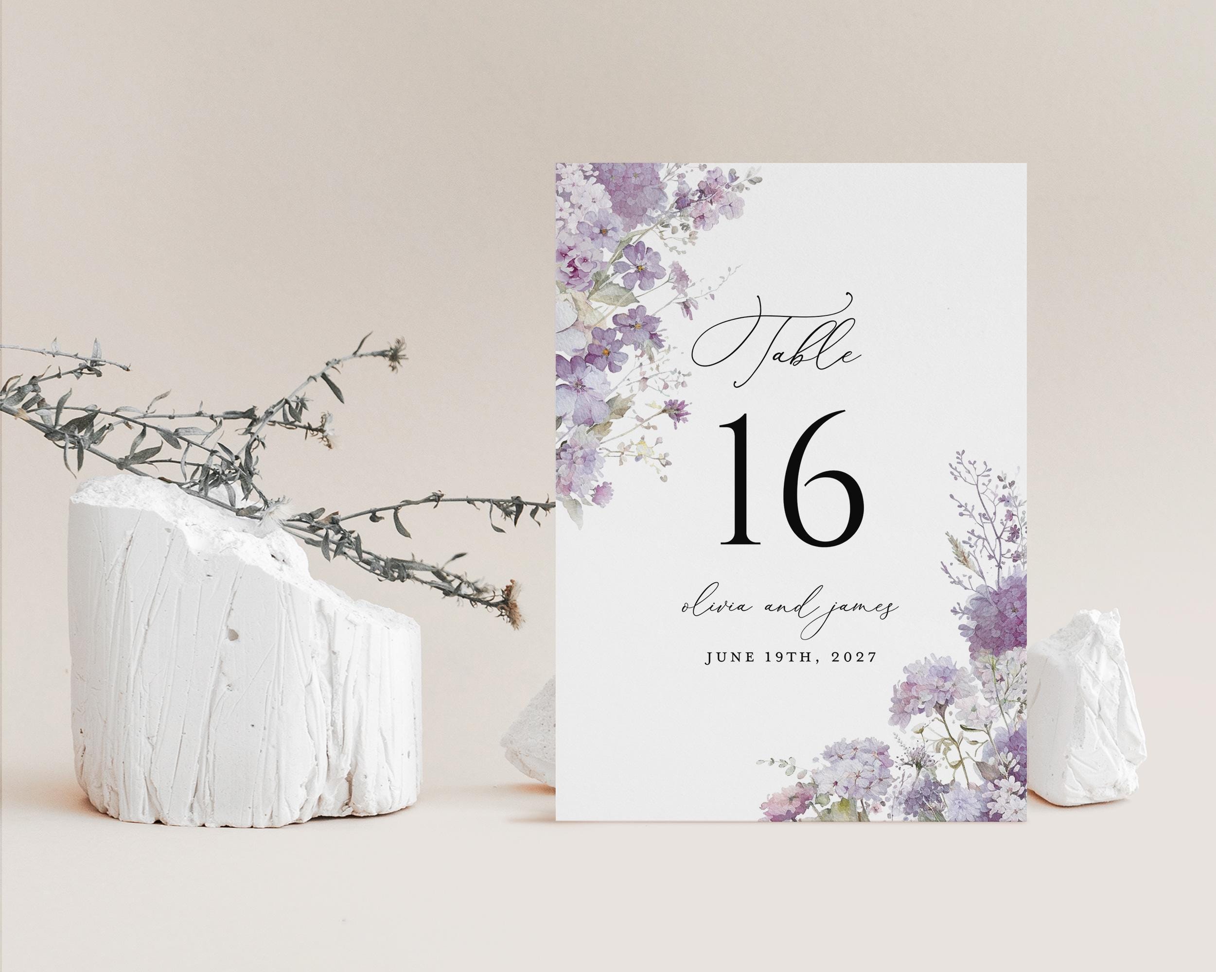 Lavender Lilac Wedding Table Numbers Card Template, Floral Boho Table ...