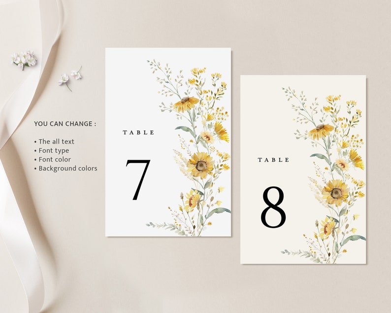 Sunflower Wedding Table Numbers Card Template, Boho Wildflower Table ...