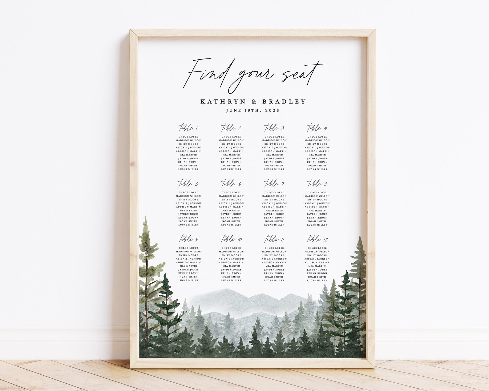 Mountain Wedding Seating Chart Template, Printable Woodland Forest Pine ...