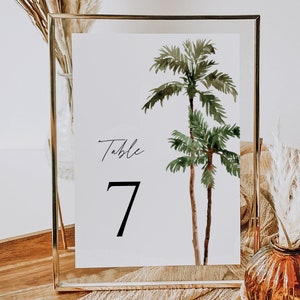 Palm Tree Wedding Table Numbers Card Template, Destination Beach ...