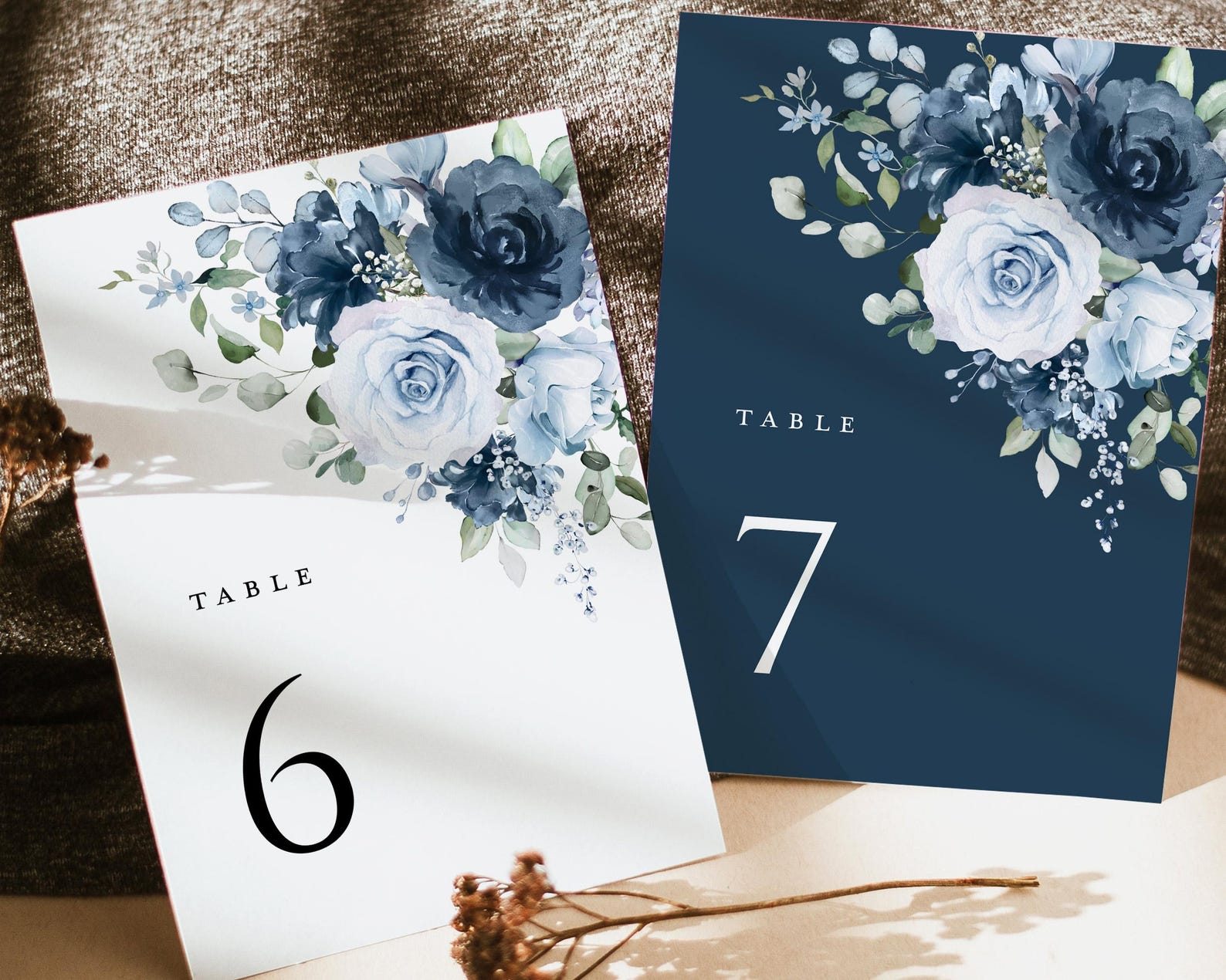 Dusty Blue Navy Wedding Table Numbers Card Template, Boho Floral Table ...