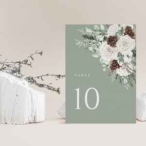 Winter Sage Green Wedding Table Numbers Card Template, Boho Floral ...