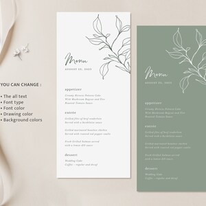 Sage Green Minimalist Wedding Menu Template, Modern Botanical Reception ...