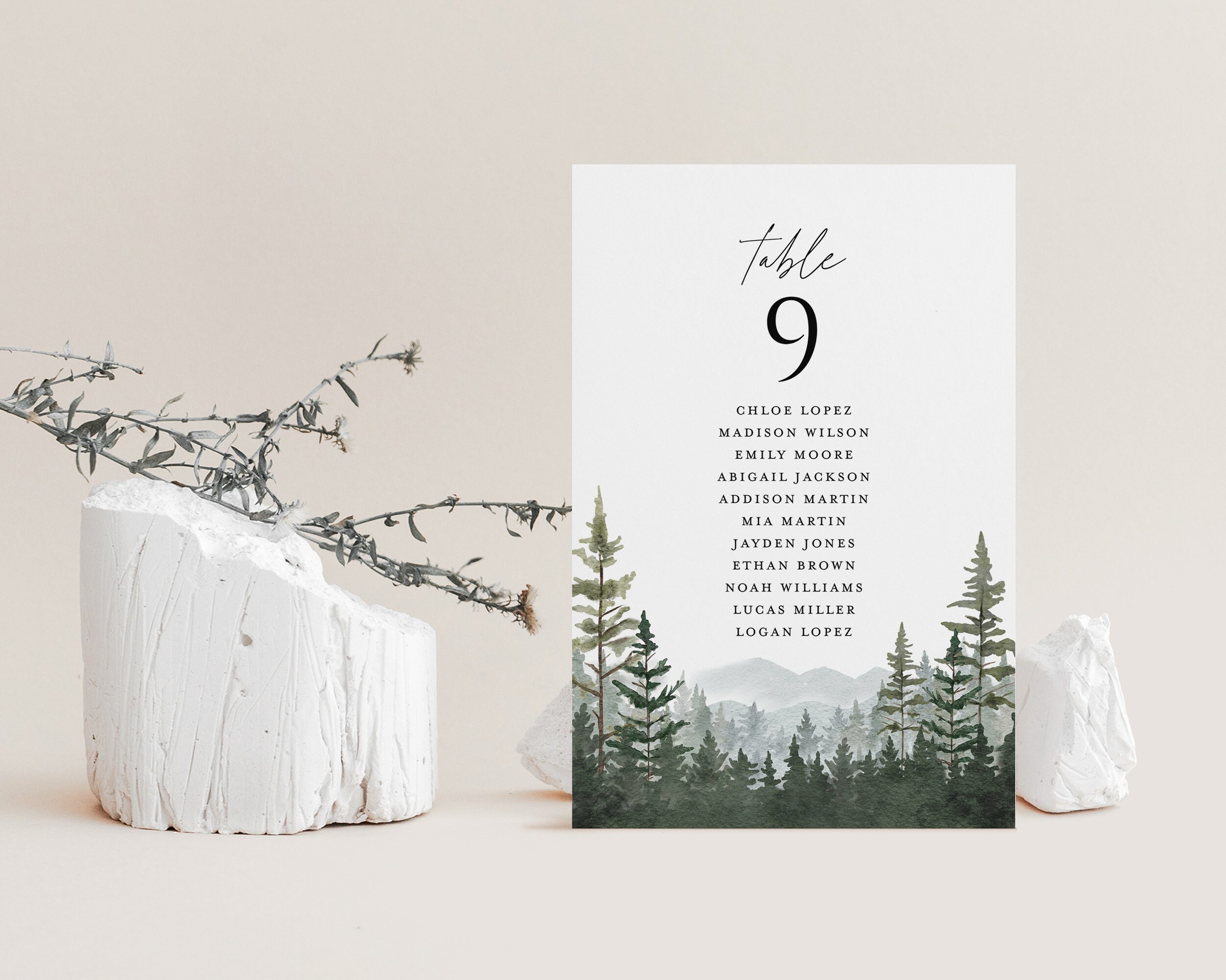 Mountain Wedding Seating Chart Card Template, Woodland Table Numbers ...