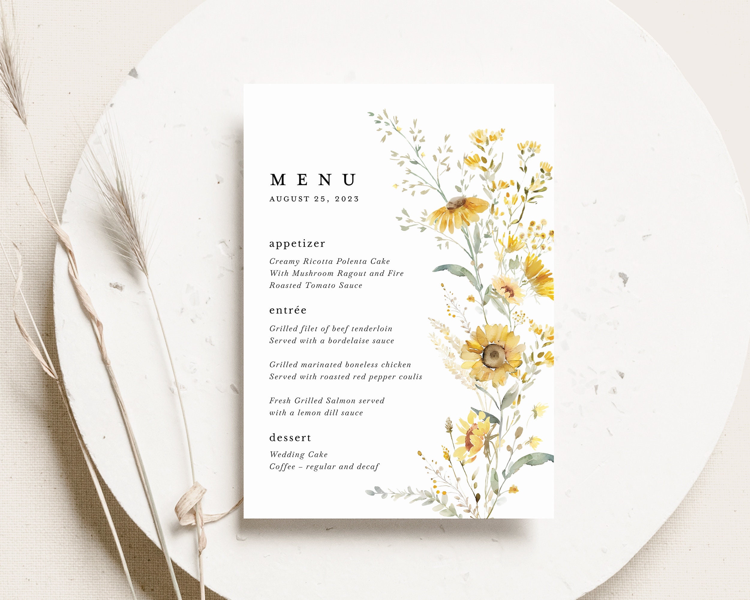 Sunflower Wedding Menu Cards Template, Boho Wildflower Reception Menu ...