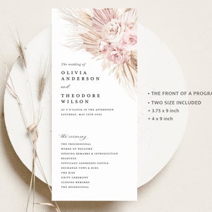 Boho Blush Pink Wedding Programs Template, Ceremony Floral Program, Elegant Dusty Rose Pampas ...