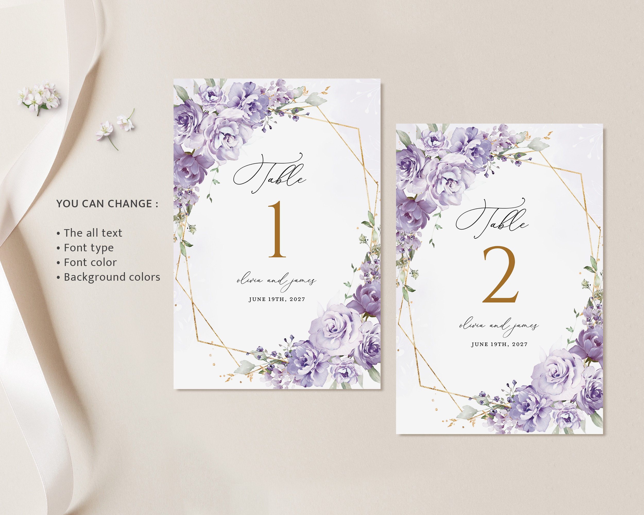 Lavender Floral Wedding Table Number Card Template, Lilac Gold Table ...