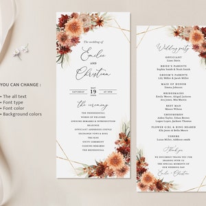 Terracotta Wedding Programs Template, Boho Floral Ceremony Program, Elegant Gold Burnt Orange ...